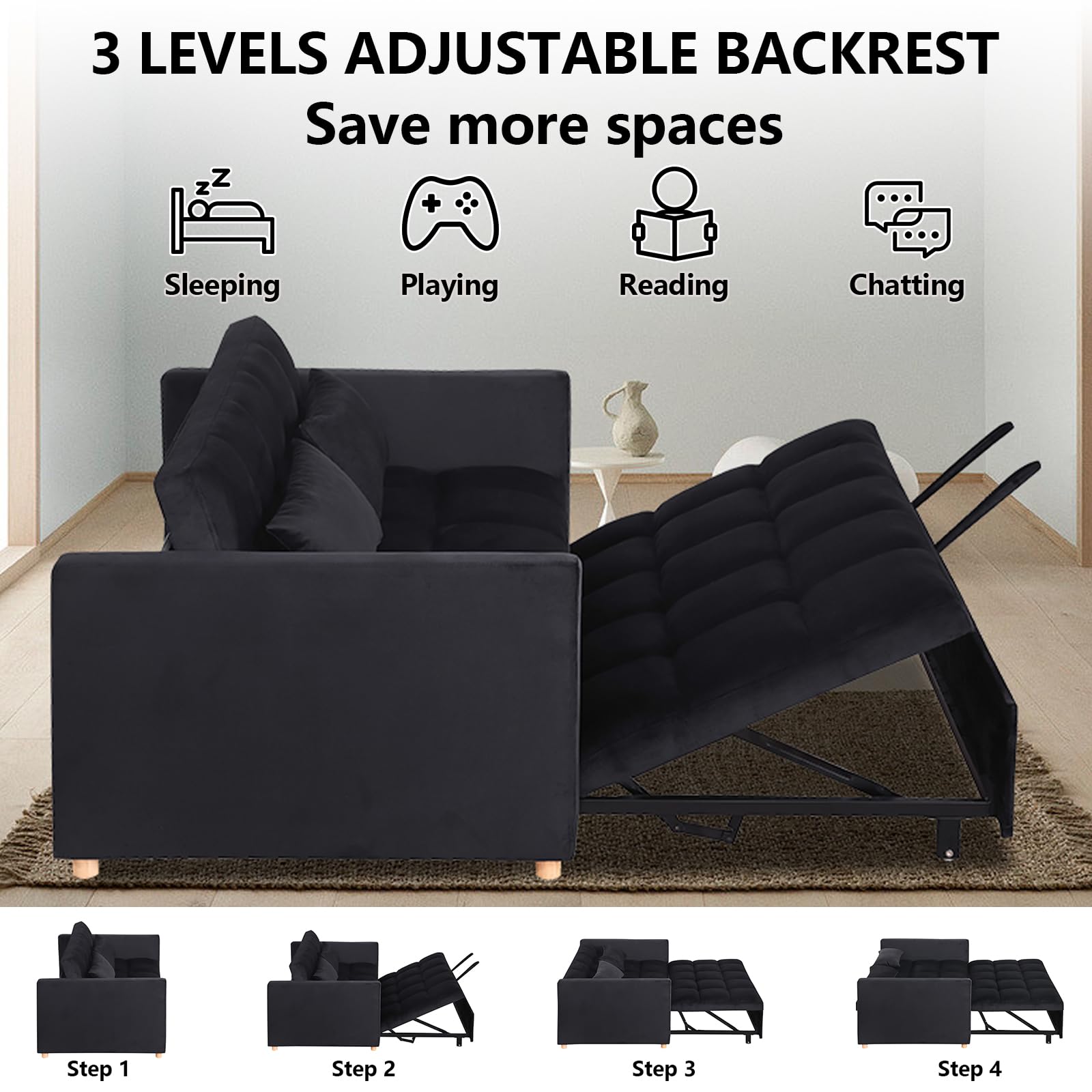 Keainvren Sleeper Sofa Convertible Sofa Bed Loveseat Sleeper Sofa Couch Futon Sofa Couch Velvet Chaise Longue Daybed with Lumbar Pillows for Living Room,Bedroom,Apartment (Black 4)