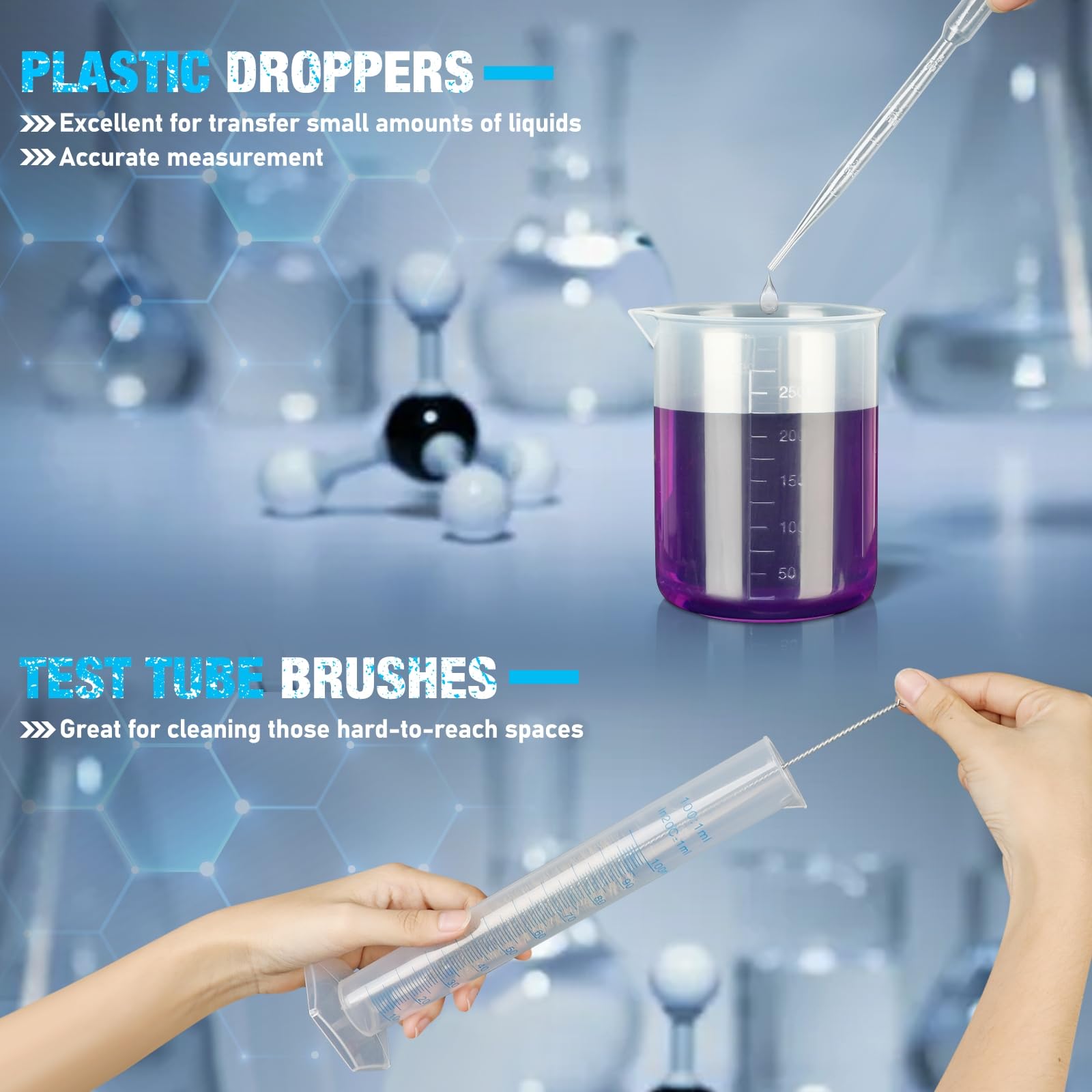 moveland Plastic Graduated Cylinders and Beakers with 5 Pipettes, 10ml 25ml 50ml 100ml Cylinders, 50ml 100ml 250ml 500ml 1000ml Beakers, Ideal for DIY and Kids Science Lab