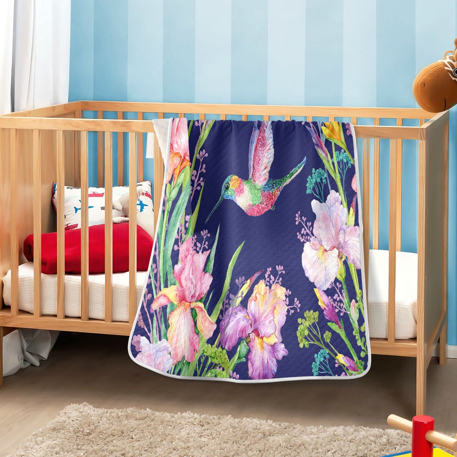 Kigai Hummingbird Iris Flower Baby Blanket, Cozy Throw Blankets for Newborn Infant and Toddler, Soft and Warm Receiving Baby Blanket for Crib Stroller