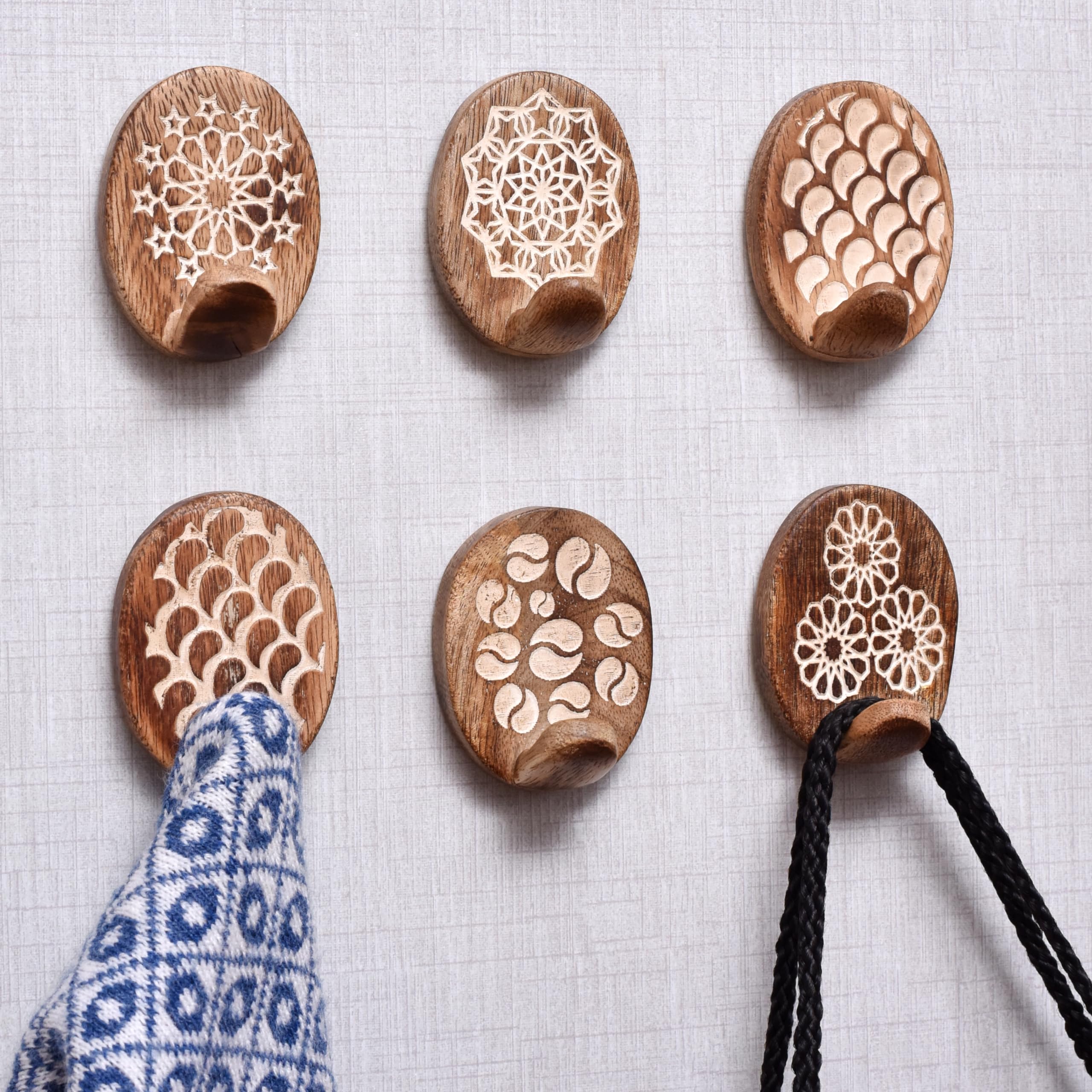 Indian Shelf 6 Pack Wood Wall Hooks- Adhesive Wall Hooks -Decorative Wall Hooks for Hanging- Boho Wall Hooks -Sticky Coat Hooks Wall Mount- Wooden Towel Hooks for Bathroom Wall Mounted- Style 1