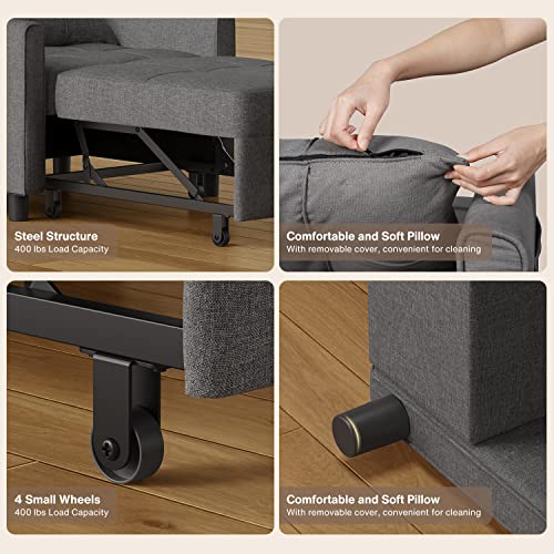 Noelse Convertible Futon Sofa Bed, 3-in-1 Multi-Functional Sleeper Chair Bed, Adjustable Backrest Recliner with Modern Linen Fabric for Living Room Bedroom Apartment Small Space, Dark Grey