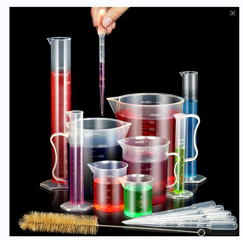 moveland Upgraded Plastic Graduated Cylinder and Plastic Beakers Set - Graduated Cylinder 10ml 25ml 50ml 100ml, Beakers 50ml 100ml 250ml 500ml 1000ml, 5 Pcs Pipettes, Ideal for DIY and Science Lab