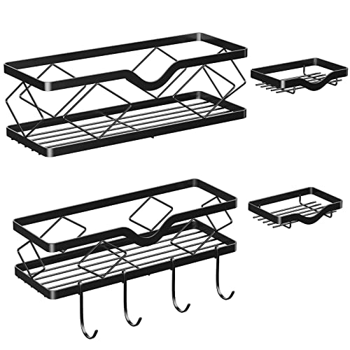 Kadolina 2-Pack Adhesive Shower Caddy with 2 Soap Dishes Holder, Bathroom Shower Storage Shower Shelves Basket, No Drilling Shower Organizer for Inside Shower, Rustproof Stainless Steel (Black)