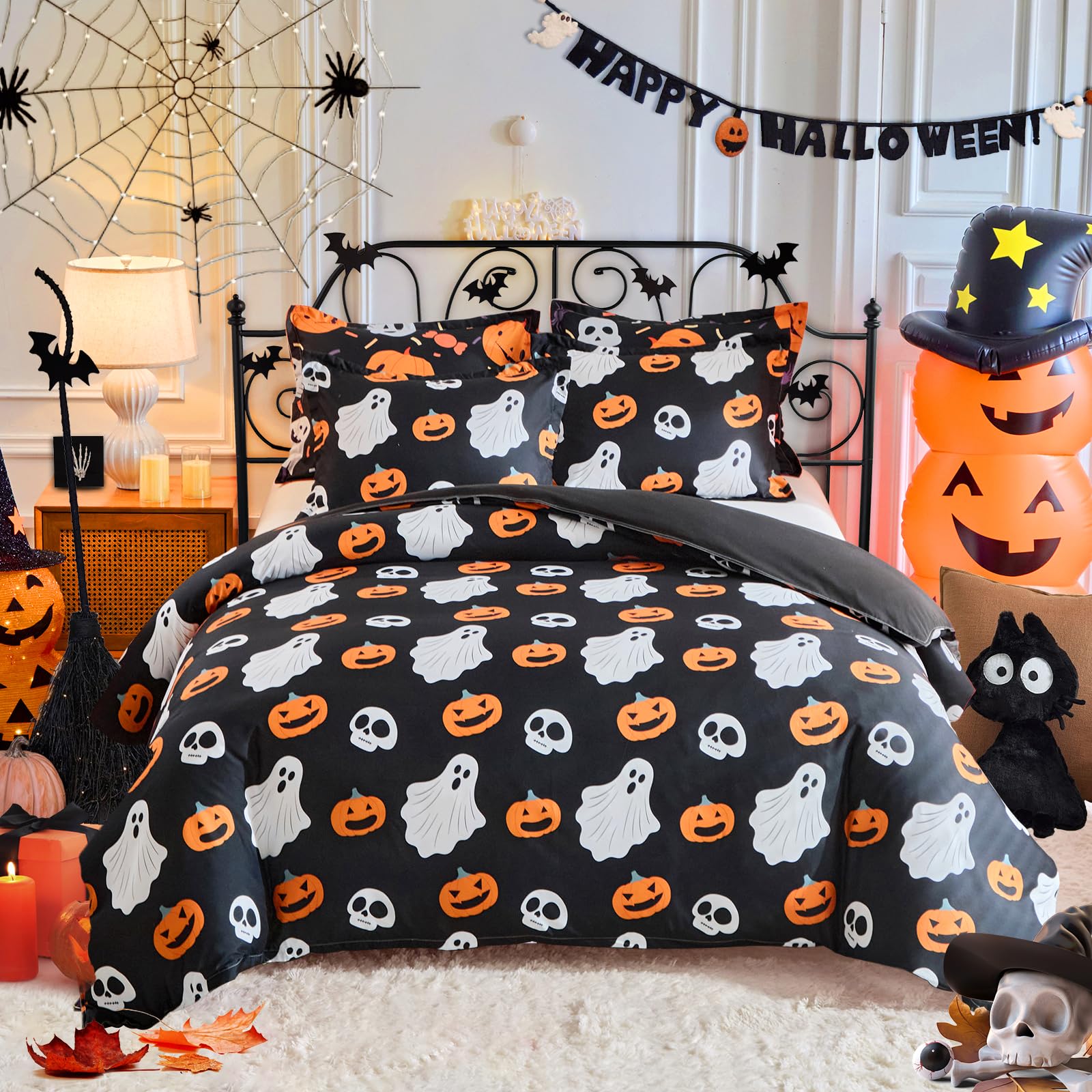 Joyreap 3pcs Halloween Duvet Cover Set, Pumpkin Ghost Black Design, Soft Microfiber Comforter Cover for All Season (Queen, 88x88 inches)