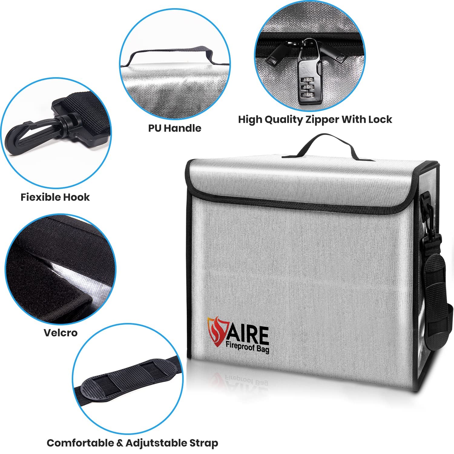 Fireproof Document Bag Set Include Large Bag(17"x12"x6") and Money Bag(5"x8"), Large Fireproof Document Box with Waterproof for Home and Office. Fireproof Safe for Valuables Storage (Light white)
