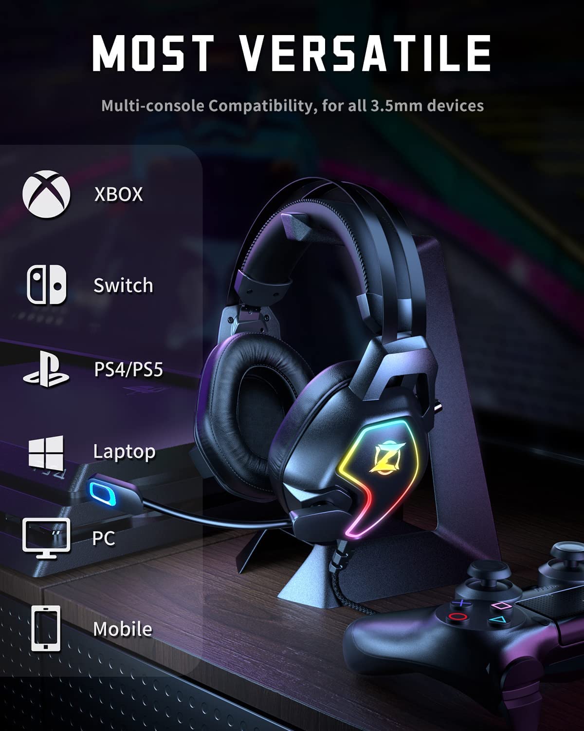 Gaming Headset for PS4 PS5 PC Xbox One Switch, Over Ear Headphones with Surround Sound, Noise Cancelling
