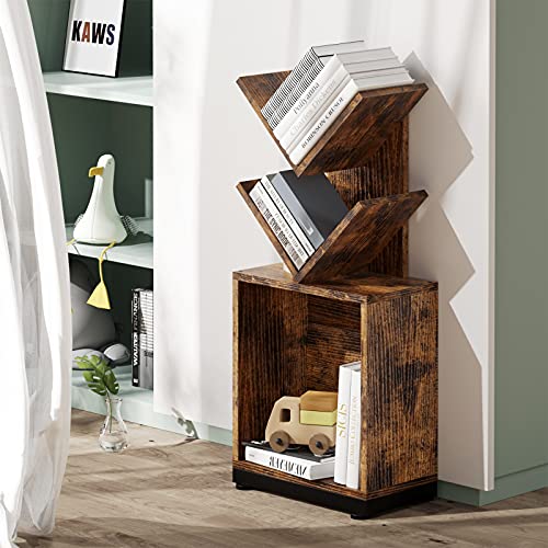 ruboka 2-Shelf Tree Bookshelf with Storage, 26.5-Inch Retro Floor Standing Bookcase Display for CDs/Magazine/Books, Small Bookshelf for Bedroom, Living Room, Office, Brown Storage Shelves DESK51B