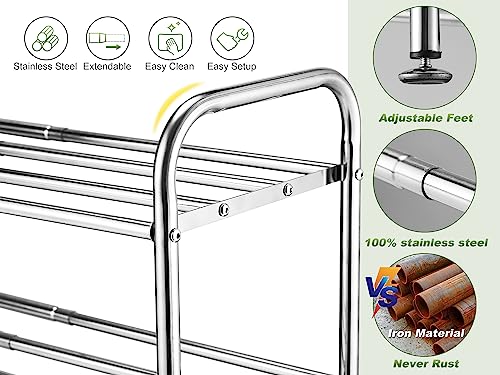 SKIKEN 2-Tier Low Shoe Rack, 100% Stainless Steel, Small Expandable Shoe Rack, Stretchable Rod, No Rust, Easy to Care, Simple Metal Storage Rack For Entrance, Stairs Side, Closet, Bathroom