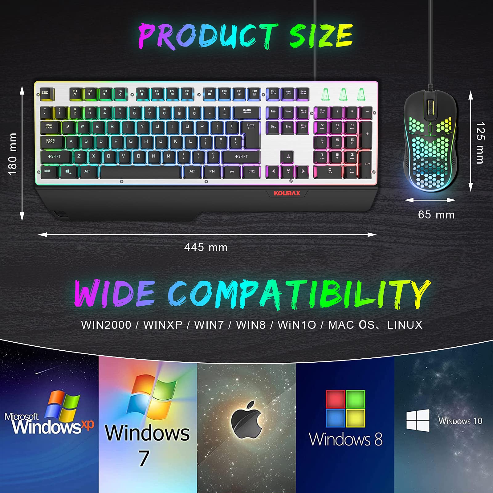 Gaming Keyboard Colorful Rainbow LED Backlit Keyboard with Ergonomic Detachable Wrist Rest,Transparent Aluminum Panel Keyboard with Mechanical Feeling 104 Keys for PC PS4 Xbox Mac,Office/Gaming