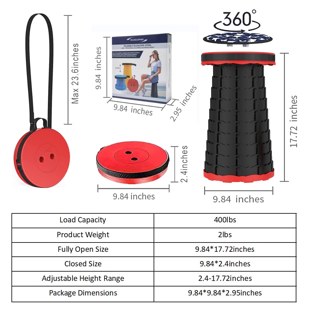 Firgione Upgraded Portable Telescopic Stool,Retractable Folding Stool with Cushion and Bag,Camping Collapsible Stool for Outdoor Indoor Hiking Fishing (Red)