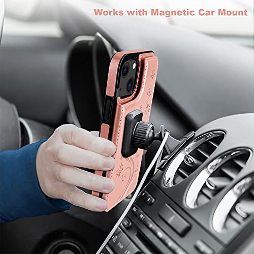 Vaburs Compatible with iPhone 13 Case Wallet with Card Holder, Embossed Butterfly Pattern PU Leather Double Buttons Flip Shockproof Protective Cover for Magnetic Car Mount 6.1 Inch (Rose Gold)