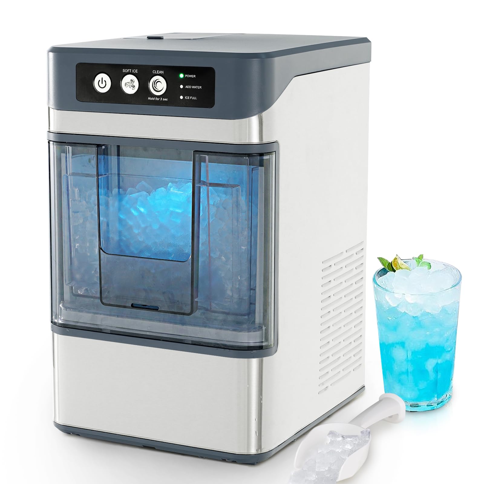 MERITLIFE Pellet Nugget Ice Maker,Countertop Small Ice Machine,Crunchy Chewable Soft Ice,1.3L Water Tank,Auto Cleaning,Fresh Ice for Kitchen,Bars,Office,Parties (M2)