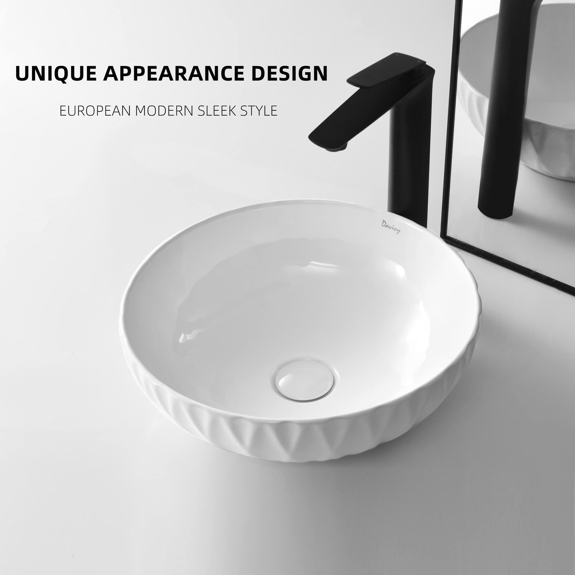 Davivy 15.3'' Round Vessel Sink with Pop Up Drain,Bathroom Vessel Sinks,Bathroom Sinks Above Counter,White Vessel Sink,Counter top Sink,Round Vessel Sinks for bathrooms