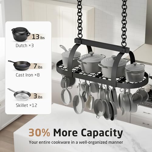 KES 48 Inch Large Hanging Pot Rack, Heavy Duty Oval Pot and Pan Hanging Rack Ceiling Mount, Pot Pan Hangers for Kitchen with 20 Hooks, Matte Black, (For 16" and 24" Stud Mount), KUR225S122-BK