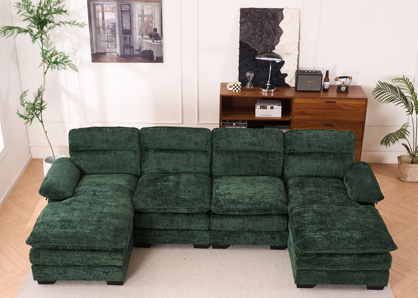 HANLIVES 111.8" U-Shaped Sofas for Living Room Apartment,Modern 4 Seats Sectional Sofa Couch with Double Chaise,Chenille Fabric Cloud Couches-Gray