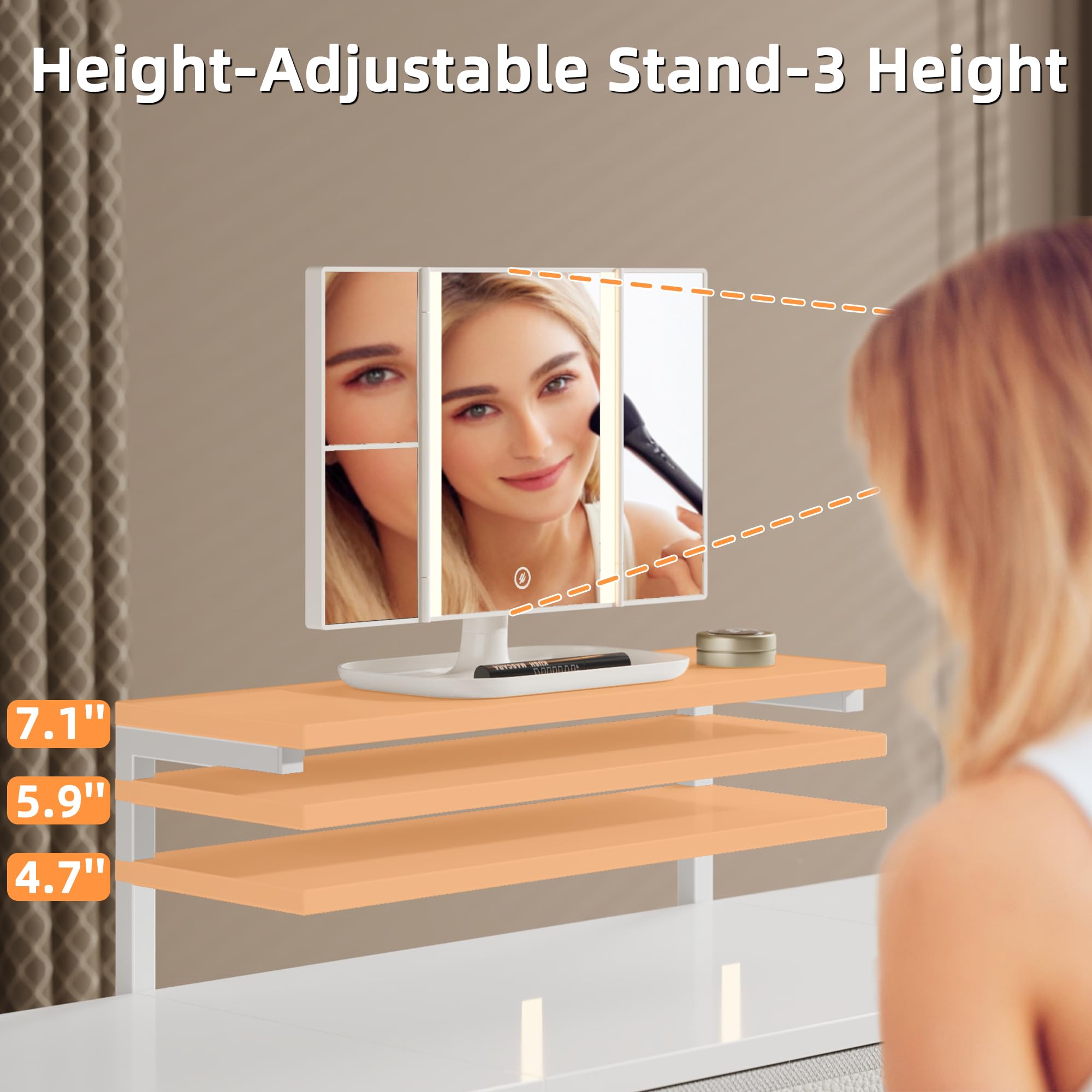 HIGDBFE Small Makeup Vanity Desk 27''W with 3 Fabric Drawers and Lighted Mirror, Vanity Table with Height-Adjustable Stand, Dressing Vanity Desk for Bedroom and Small Spaces, 27'', White