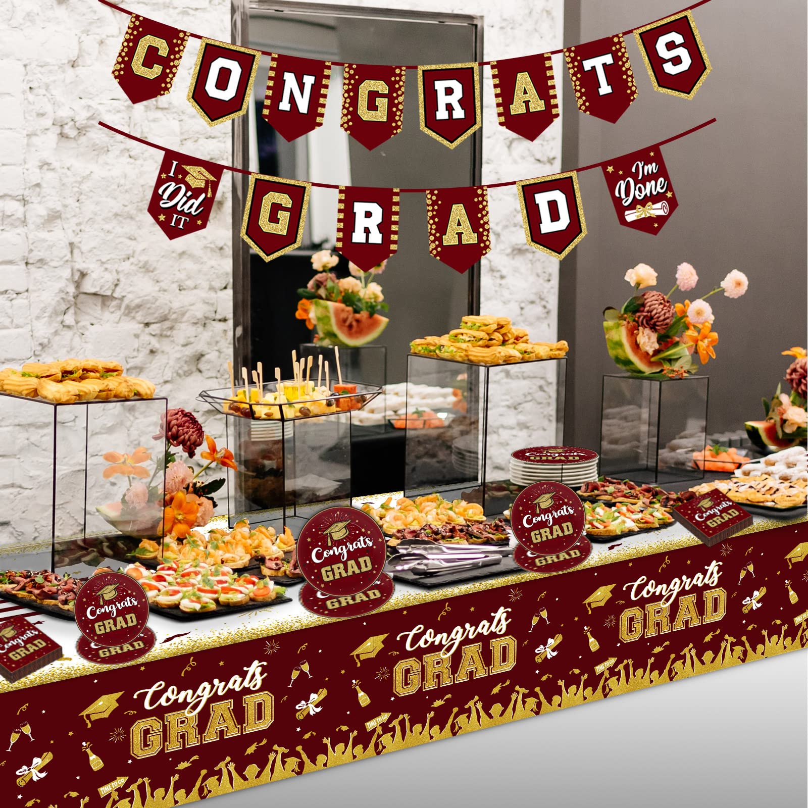Maroon and Gold Graduation Party Tableware Kit for 24 Guests Class of 2025 Graduates Decorations and Supplies with Congrats Grad Banner, Plates, Graduation Tablecloth, Napkins and More
