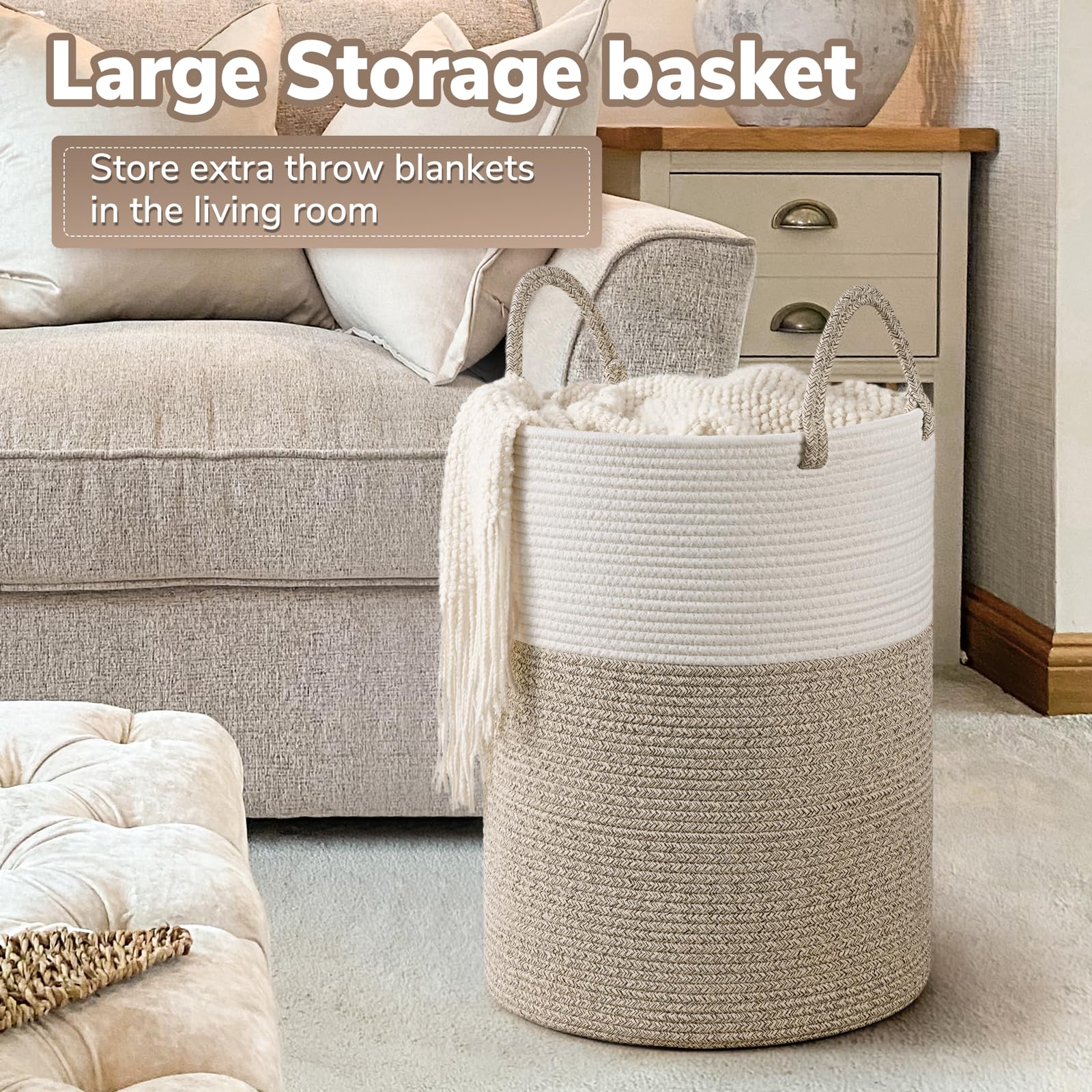 INDRESSME Large Laundry Hamper, Baby Laundry Hamper for Toys, Tall Woven Laundry Basket for Clothes, Blanket Storage Basket for Living Room, 19.7 x 13.8 inches, Light & Brown