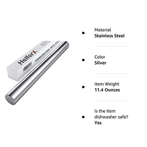HelferX 15 inch Long Stainless Steel Rolling Pin for Baking - Perfect for Fondant, Dumpling, Ravioli, and Pizza Dough