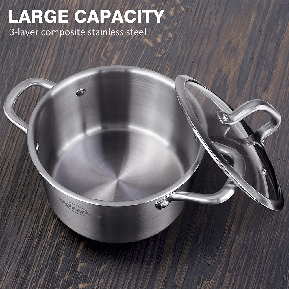 HOLIPOT Stock Pot, 3.5 Quart Tri-Ply Stainless Steel Pot with Double Handle, Soup Cooking Pot with Lid and Mini Silicone Oven Mitts, Induction Compatible, Dishwasher Safe