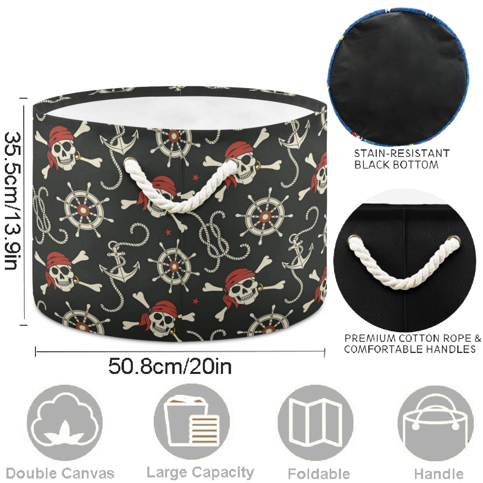 visesunny Collapsible Large Capacity Basket Skull Pirates Anchor Clothes Toy Storage Hamper with Durable Cotton Handles Home Organizer Solution for Bathroom, Bedroom, Nursery, Laundry,Closet