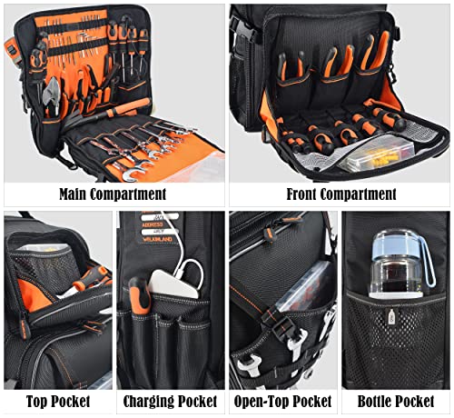 Full-Open Tool bag backpack, bookbag for men, electricians, construction