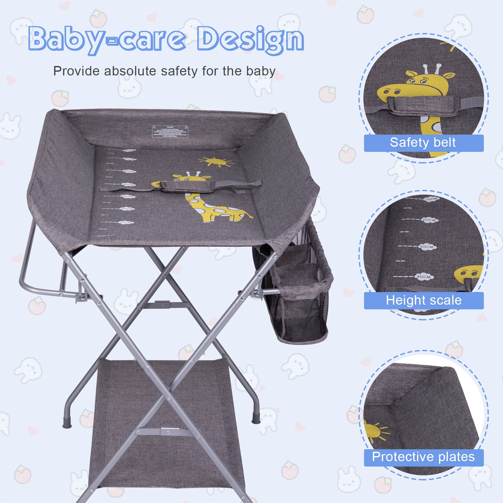 Infant Portable Changing Table - Diaper Station Nursery Organizer with Safe Belt Storage Space, Nursery Furniture Baby Changing Station, Grey