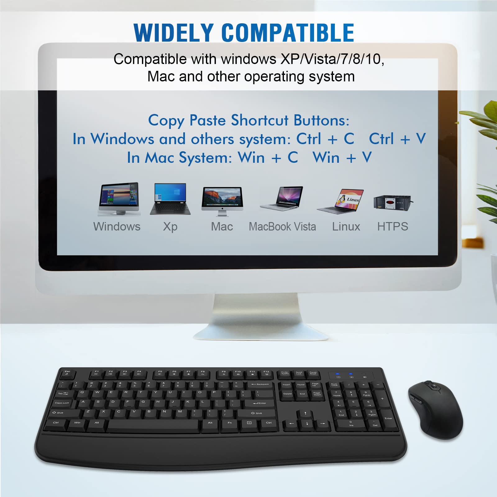 Full-Sized 2.4GHz Wireless Keyboard and Mouse Combo with Comfortable Palm Rest for Windows, Mac OS PC/Desktops/Laptops(Black)