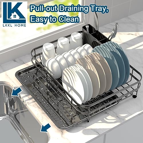 LKKL Dish Drying Rack, Large Capacity Dish Rack for Kitchen Counter, Extendable Dish Rack, Anti-Rust Stainless Steel Dish Drainer with Utensil Holder Cups Holder, Black