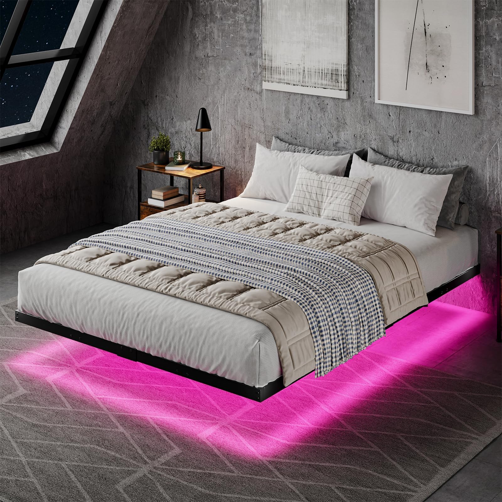 HOMBCK Floating Bed Frame Queen Size with LED Lights, Metal Platform Queen Bed with Heavy Duty Steel Slats, Large Under Bed Storage, No Box Spring Needed, Easy to Assemble, Black