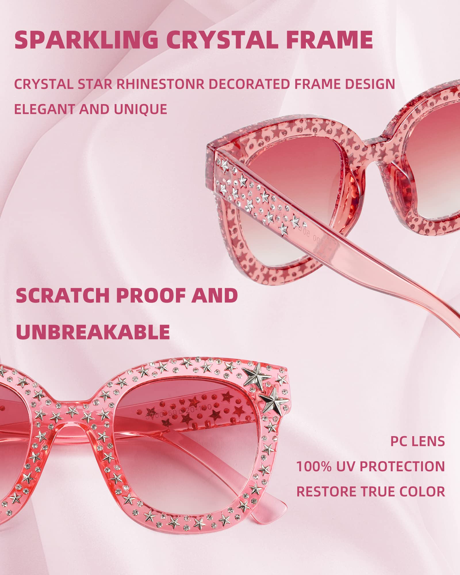 FEISEDY Women Vintage Cateye Crystal Rhinestone Star Sunglasses Novelty Glitter Shades B4068