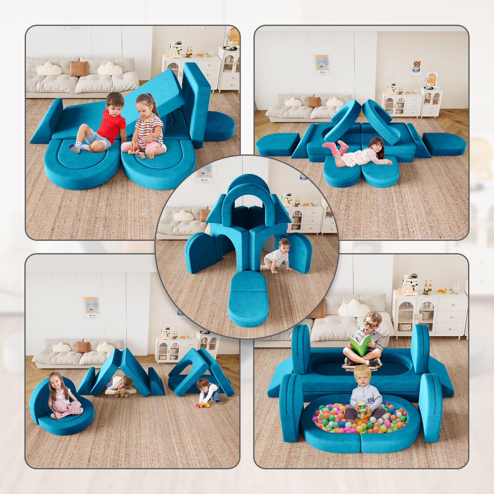 Kids Couch, 12PCS Modular Toddler Couch with 4 Arches and 2 Triangular Cushions, Fold Out Kids Couch for Playroom, Bedroom, Modular Kids Couch for Boys and Girls, Kids Play Couch for Kids (Blue)