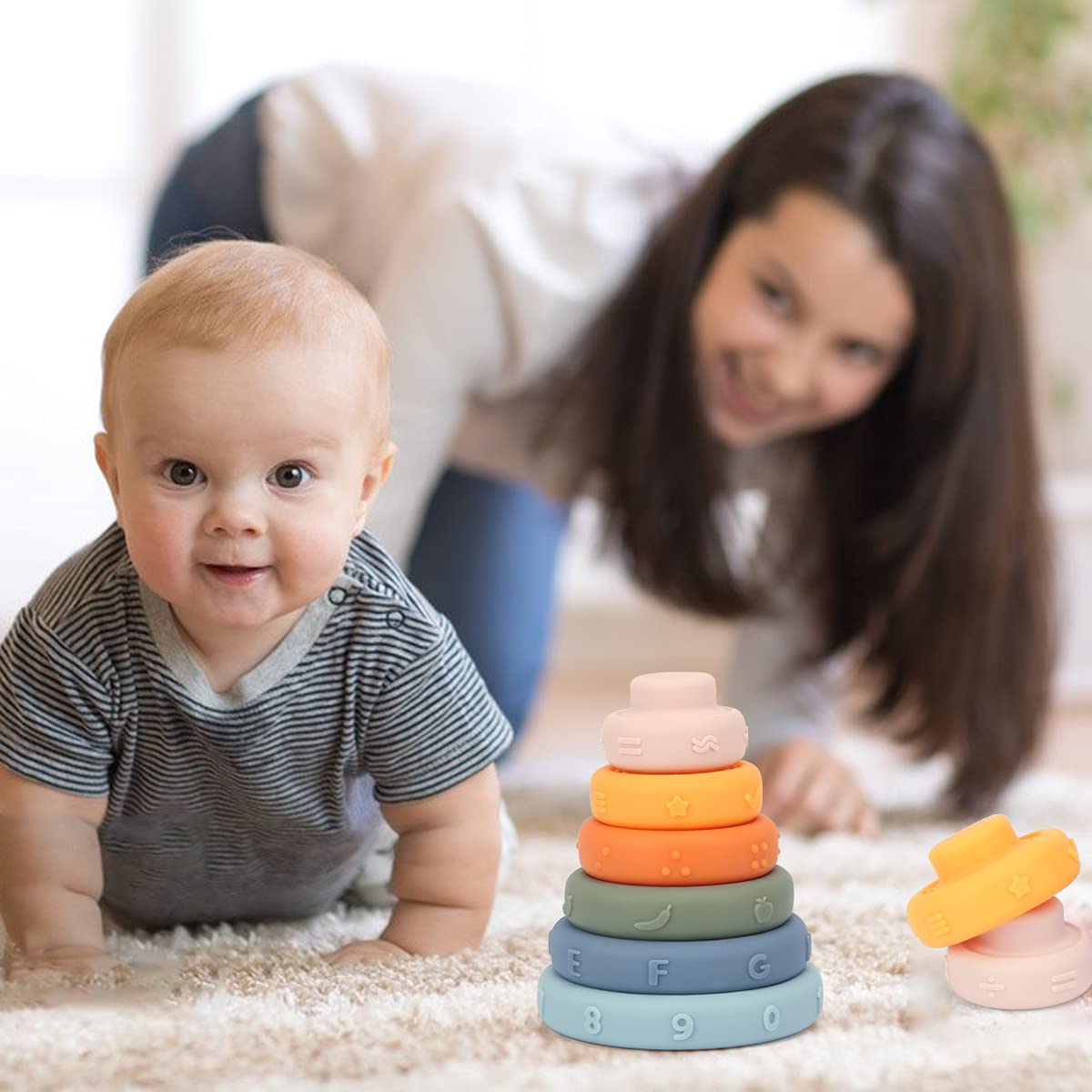TuiVeSafu 6PCS Baby Stacking Nesting Rings Toy,Soft Building Circle Squeeze Teether,Toddlers Sensory Early Educational Toy with Number,Shape,Fruits,Letters Learning Toy for 6+ Months Boys or Girls