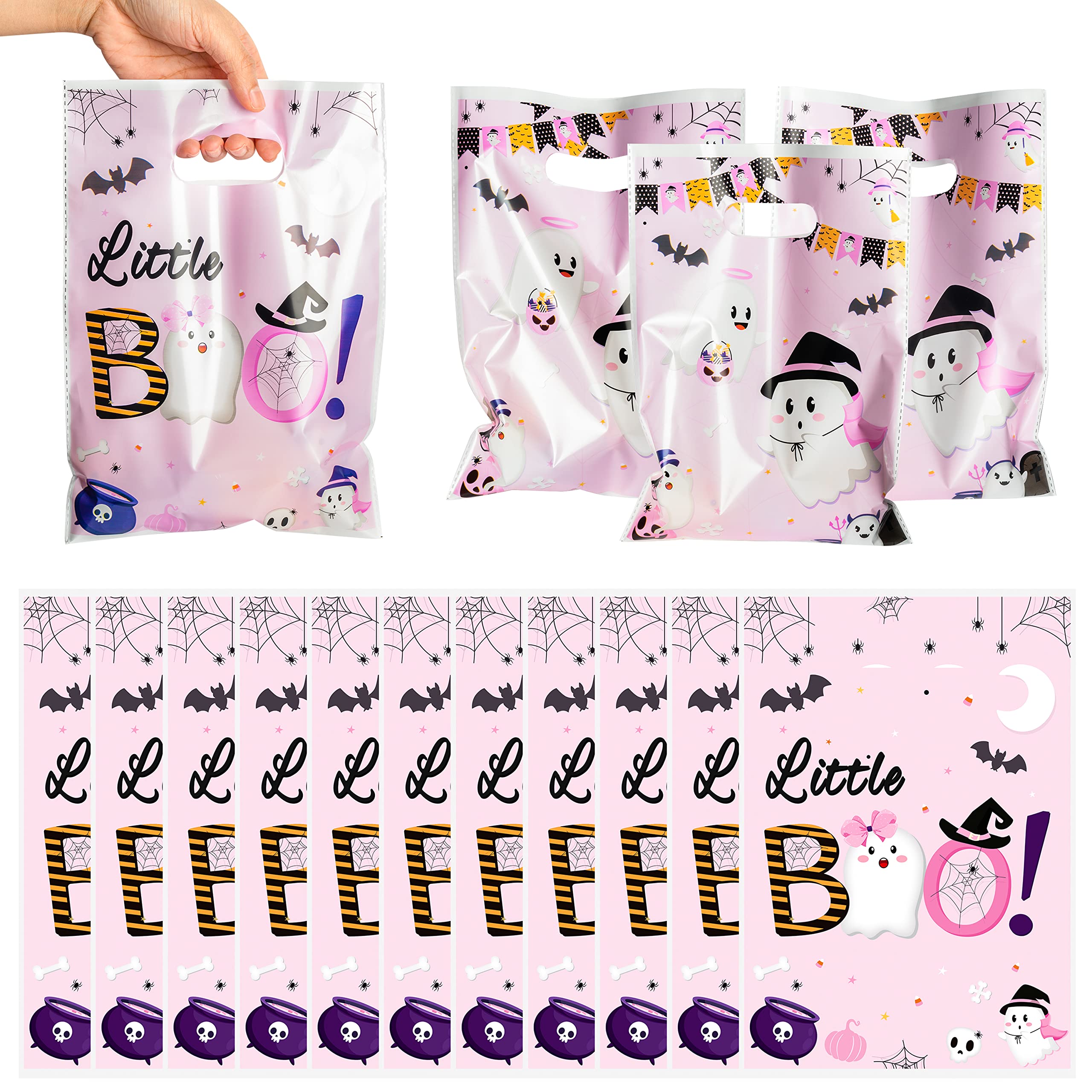 Haooryx 100Pcs Little Boo Party Favor Bags, Pink Little Boo Theme Plastic Candy Gift Bag Birthday Gift Warp Goodie Treat Bags for Halloween Party Kids Theme Birthday Baby Shower Party Favors Supplies
