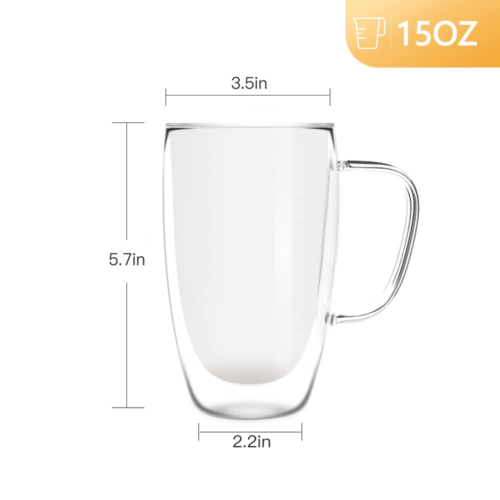 D.M DESIGN·MASTER [2 PACK,15 OZ -Premium Double Wall Insulated Glass with Handle Coffee or Tea Glass Mugs, Thermo Insulated Glass, Perfect for Latte, Cappuccino, Americano and Tea.