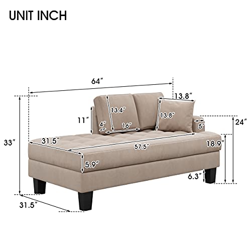 Merax 64" Modern Tufted Chaise Lounge with Toss Pillow Soft Linen Loveseat Sofa for Livingroom Bedroom Office Warm Grey Love Seats, 6431.533"(LDH)