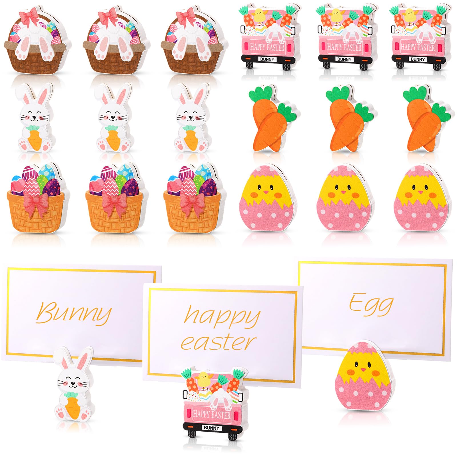 Kigley 18 Pcs Easter Bunny Eggs Wooden Place Card Holder with 25 Pcs Gold Foil White Card Easter Wooden Table Sign Bunny Easter Eggs Picture Number Sign Stands Holder for Spring Party (Cute)