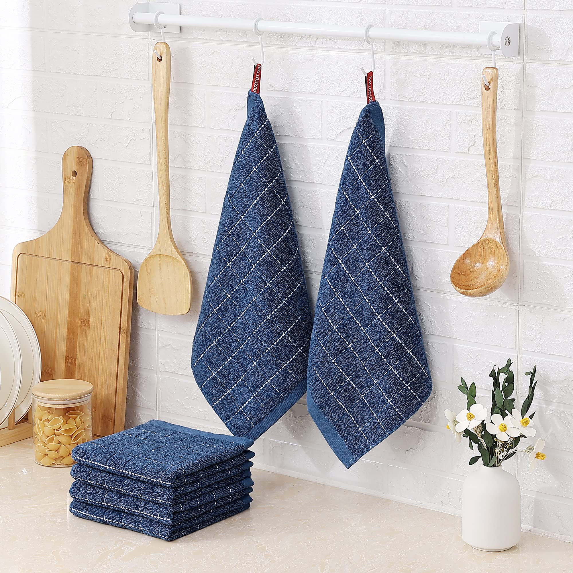 Homaxy Kitchen Towels and Dishcloths Set, 12 x 12 and 13 x 28 Inches, Set of 10 Bulk Cotton Terry Kitchen Towels Set, Checkered Designed, Soft and Super Absorbent Dish Towels, Navy Blue