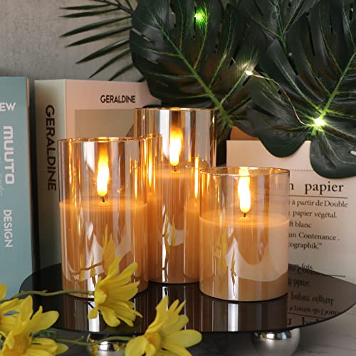GenSwin Flameless Led Candles Flickering Battery Operated with Remote, Real Wax 3D Wick Moving Pillar Candles with Timer Remote Glass Effect for Festival Wedding Christmas Home Decor(Gold)