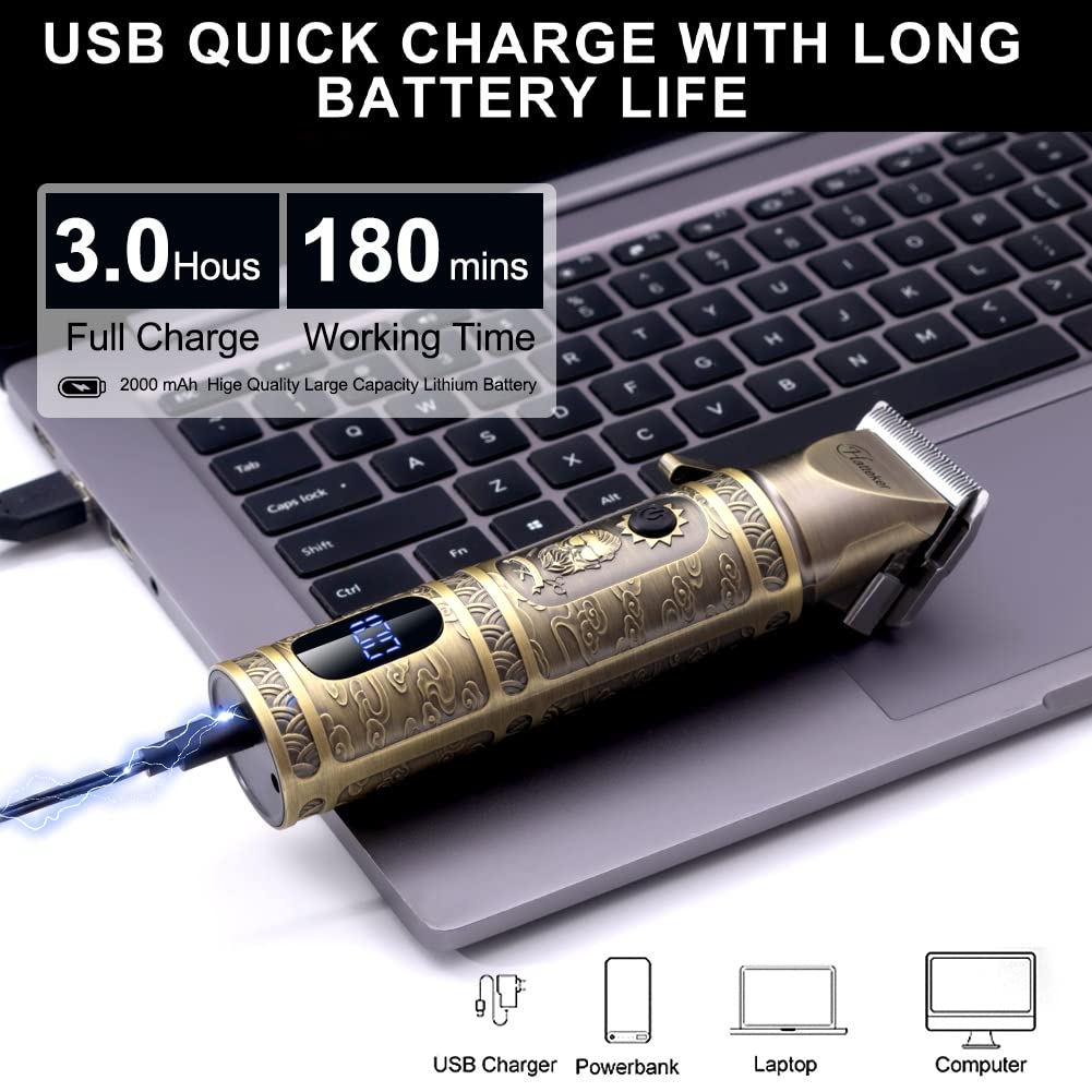 Hatteker Professional Hair Clipper for Men, Cordless Rechargeable Hair Trimmer Eletric Beard Shaver Barber Gromming Kit LED Display (Gold)