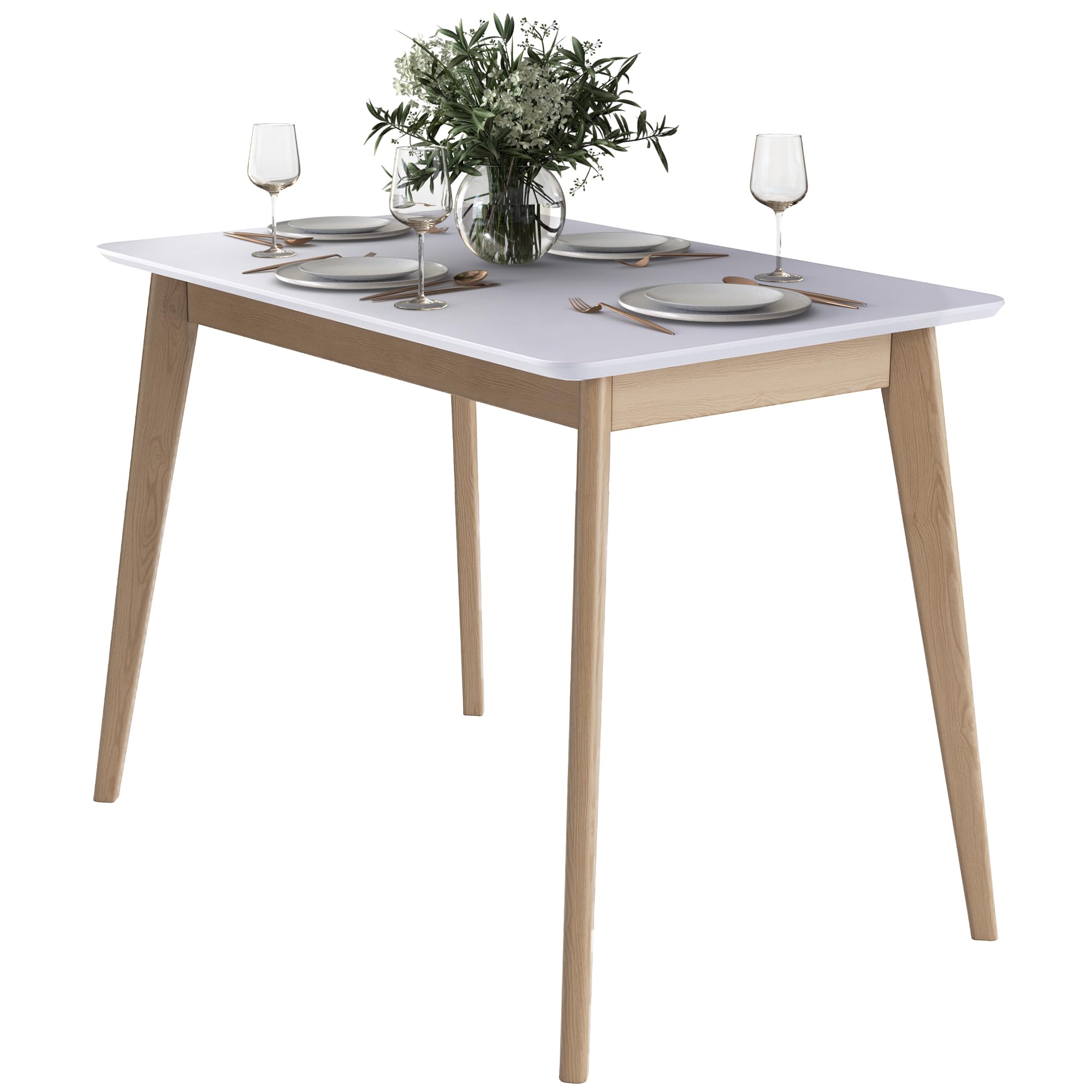 DAIVA CASA Pegasus Rectangular Dining Table - Birch Solid Wood Kitchen & Dining Room Furniture - Mid Century Modern Scandinavian Style – White Brown Kitchen Table for Small Space – 40х24 inch