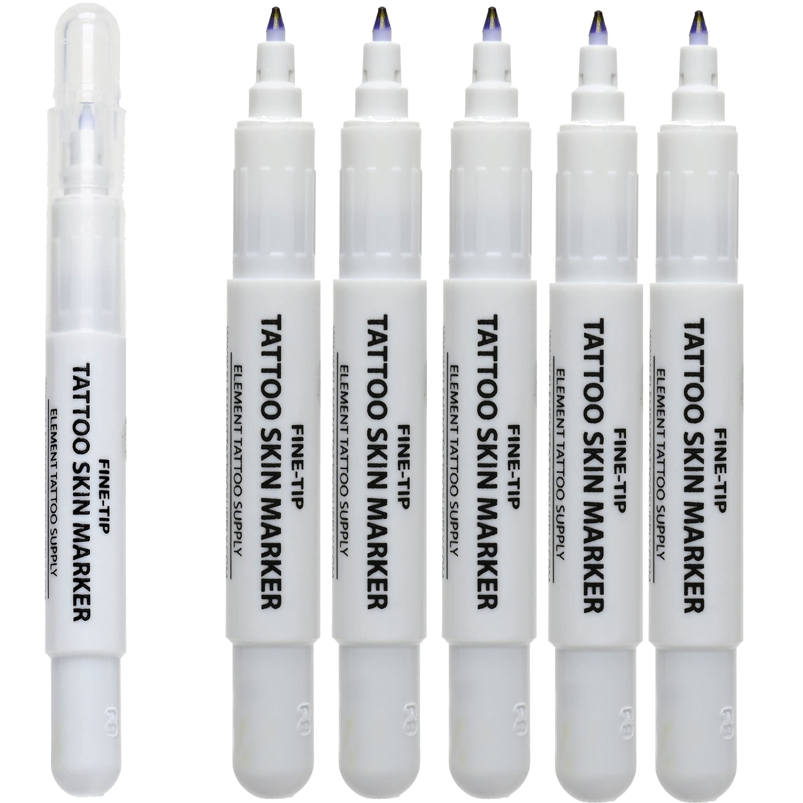 ELEMENT TATTOO SUPPLY - Fine Tip Tattoo Skin Markers Pen Purple For Thinner Thin Lines Disposable Short Stencils Dot Lines Markings Body Piercing Microblading 5 Markers (Purple-Thin-5pk)