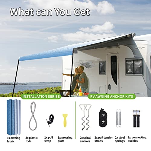 RVMATE 16FT RV Awning Fabric Replacement with Awning Anchor Kits & Pull Tension Strap, Blue Fade