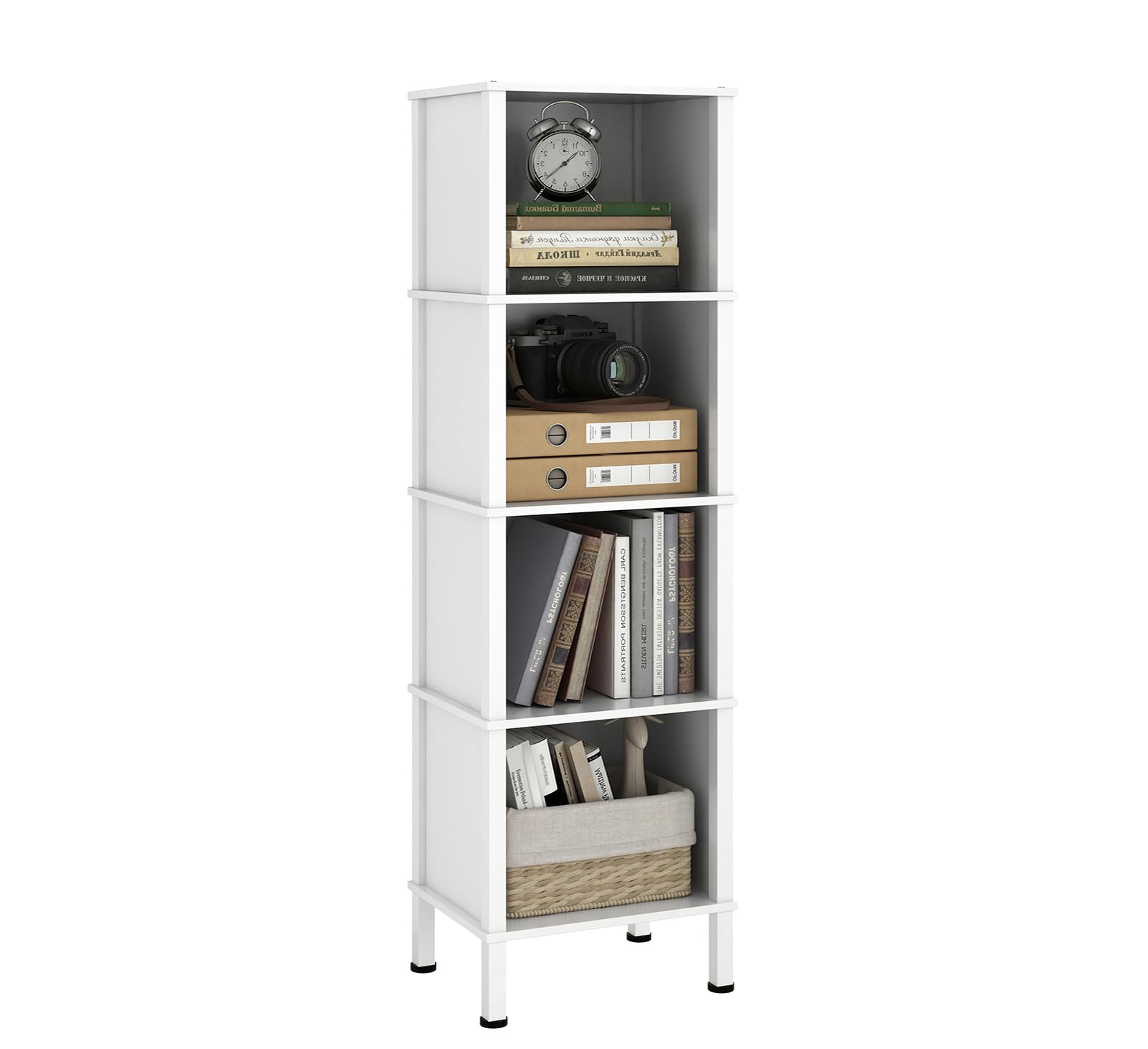 LAATOOREE 5 Tier Narrow Bookshelf, Wood 4 Cube Slim Bookcase, Skinny Open Display Storage Shelf for Small Space, Corner, Living Room, Office, Bedroom (White)