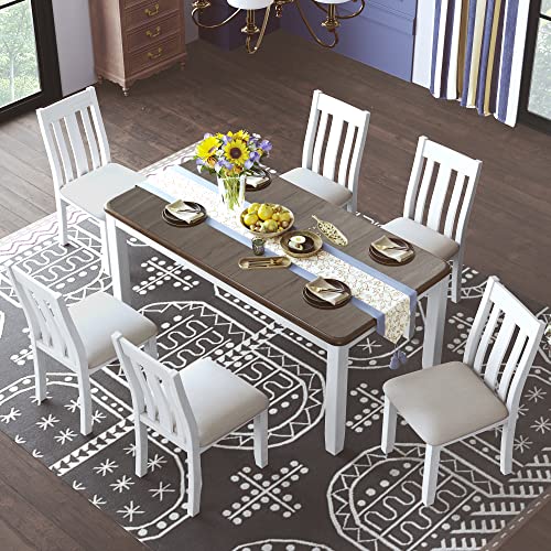 Merax Retro Style 7-Piece Dining Set, Include Extendable Table and 6 Upholstered Chairs, Brown+White(7pcs)