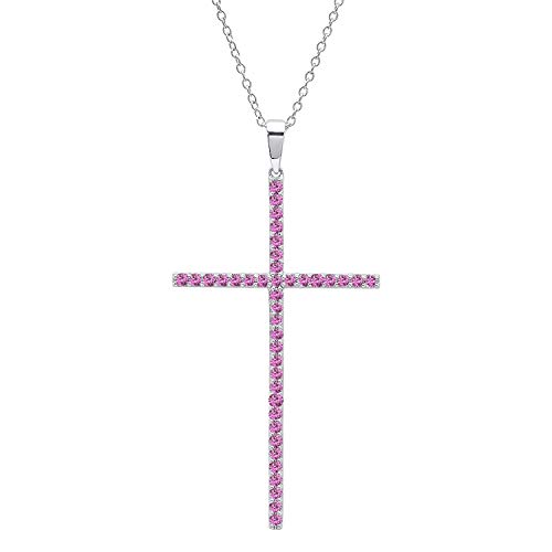 Dazzlingrock Collection 10K Round Pink Sapphire Cross Pendant (Silver Chain Included), White Gold