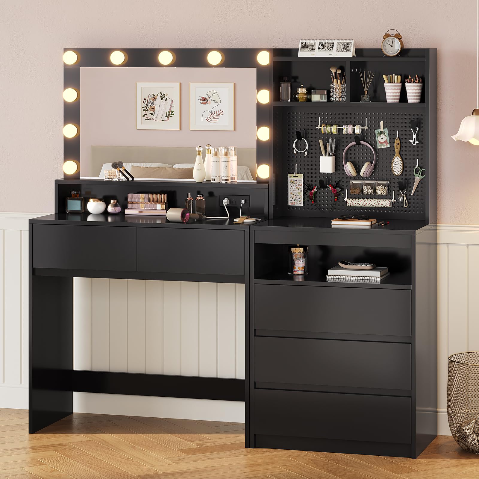 HAUOMS Vanity Desk Dresser Combo, Makeup Vanity with Mirror and LED Light & Power Outlet, Vanity Table with 5 Drawers, DIY Pegboard Included, 3 Light Settings, Modern White