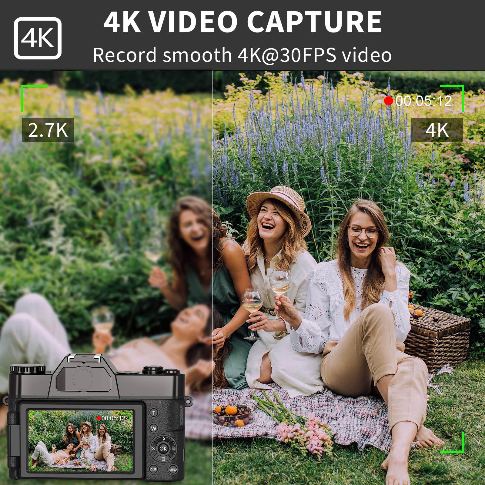 Digital Camera for Photography 4K 48MP VJIANGER Vlogging Camera for YouTube with 3.0ββ 180Β° Flip Screen, 16X Digital Zoom, 52MM Wide Angle Lens & Macro Lens, 2 Batteries, 32GB Micro SD Card(W01 B4)