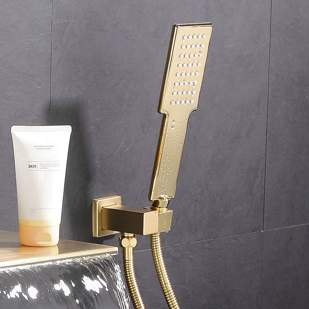 JiaYouJia Waterfall Spout Wall Mounted Tub Faucet with Handheld shower Modern Single Handle Tub Filler Solid Brass in Brushed Gold(Brushed Gold)