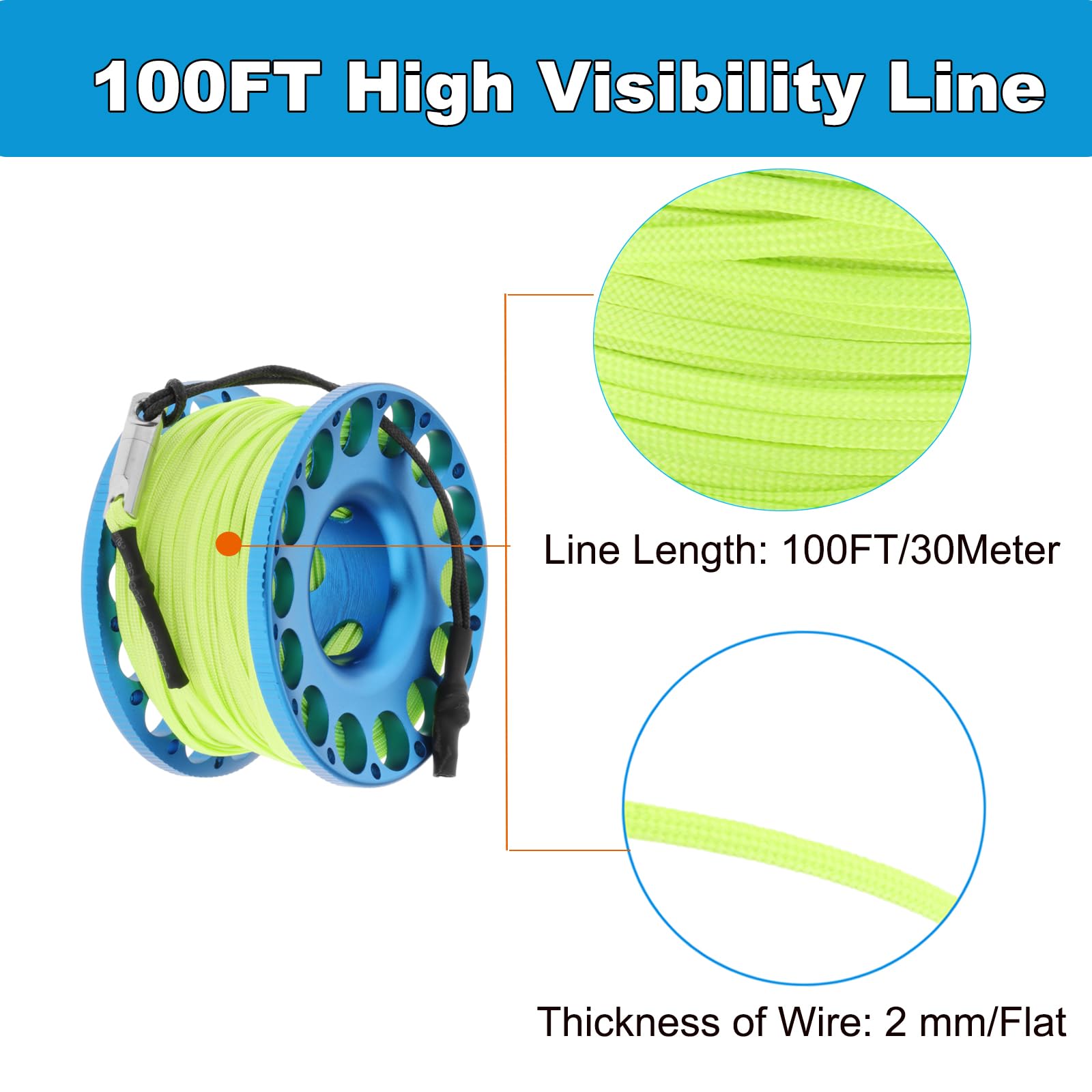Finger Reel Diving, Aluminum Scuba Gear with 98FT High Visibility Line with Double-Ended Bolt Snap Clip for Scuba Diving Underwater Spearfishing Lightweight & Corrosion-Resistant, Blue
